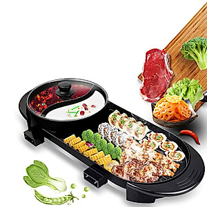 Electric Grill with Hot Pot, 2 in 1 Barbecue Stove Indoor Hot Pot Adjustable Non-Stick Teppanyaki Grill/ Shabu Pot with Divider Large Capacity for Household Dinner and Entertainment Party