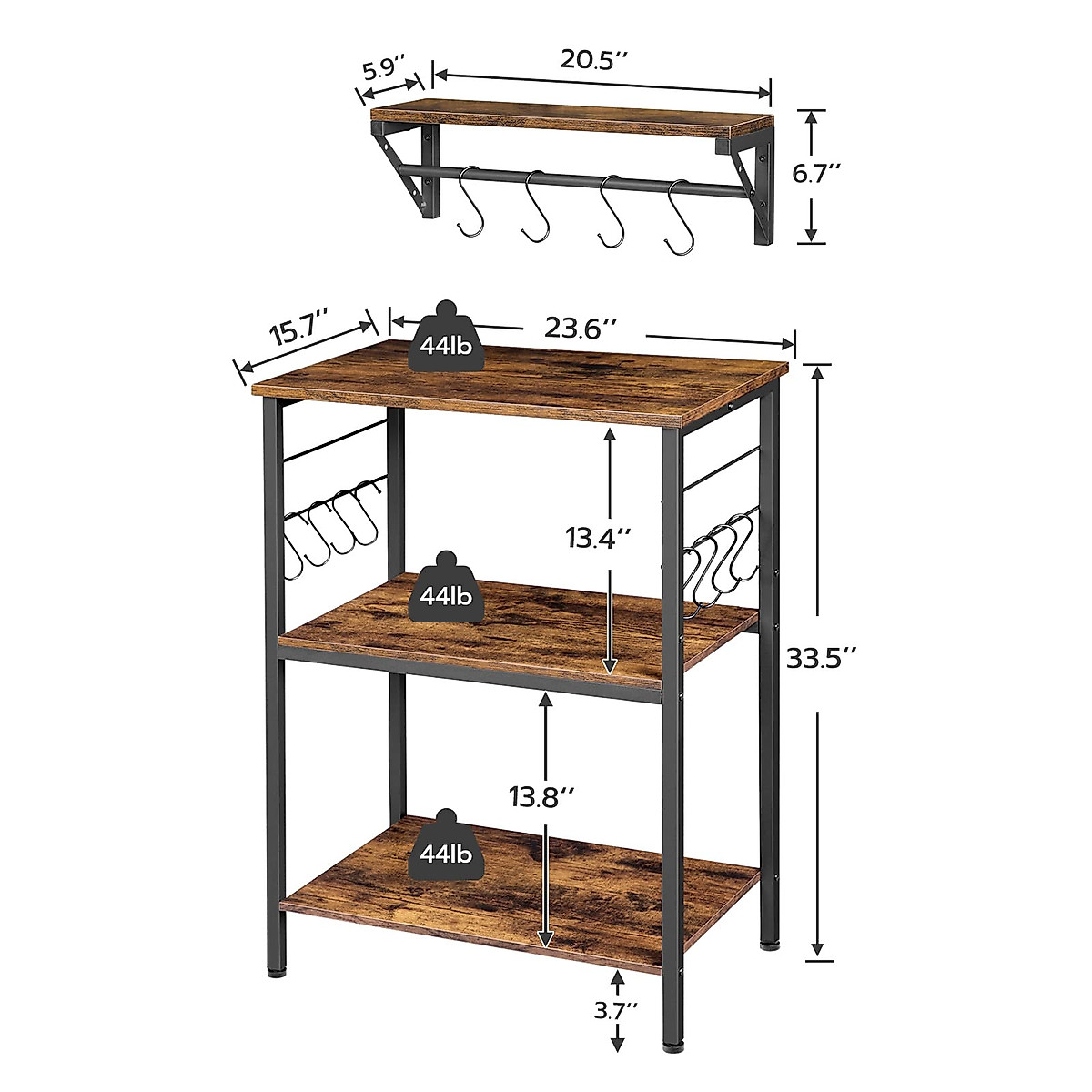 HOOBRO Bakers Rack with Floating Shelf, Microwave Stand with Shelves, Versatile Coffee Bar with 12 Hooks, for Kitchen, Entryway, Living Room, Dining Room, Office, Rustic Brown BF08HB01