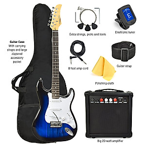 Master Play 39 Inch Electric Guitar,For Kids/beginner With Complete Starter Kit, 20 Watt Amp, 6 Extra String, Picks, Gig Bag, Shoulder Strap, Digital tuner, Cable, Wash Cloth Blueburst