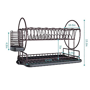 KeFanta Dish Drying Rack with Drainboard for Kitchen Counter, Bronze 2 Tier Dish Rack with Utensil Holder, Multifunction Dishes Drainer with Drainage, Double Tier Plate Drying Rack with Tray