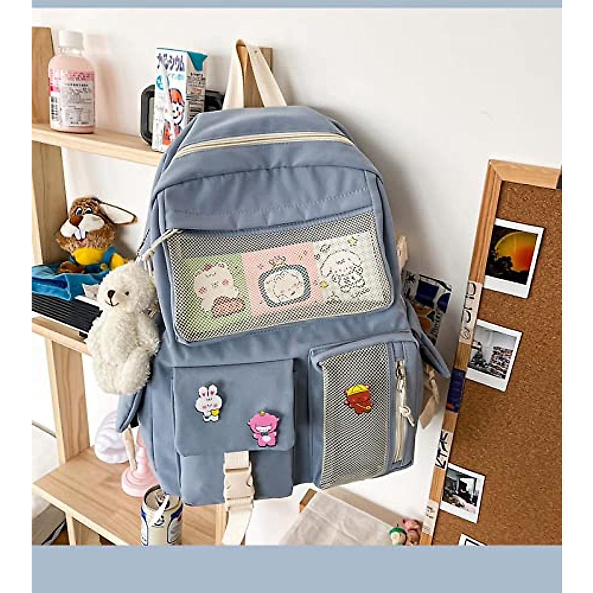 Kawaii Backpack Aesthetic Laptop Bag Large Capacity School Bag 17in Cute Bookbag Backpacks for Girls with Badge&Cute Pendant Blue2