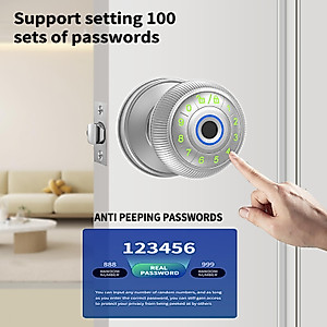 Fingerprint Door Lock,Smart Door Knob,biometric lock, keypad entry,keyless handle.Ideal for bedroom,home,hotel,office,apartment.Enhances security & convenience. (Silvery)