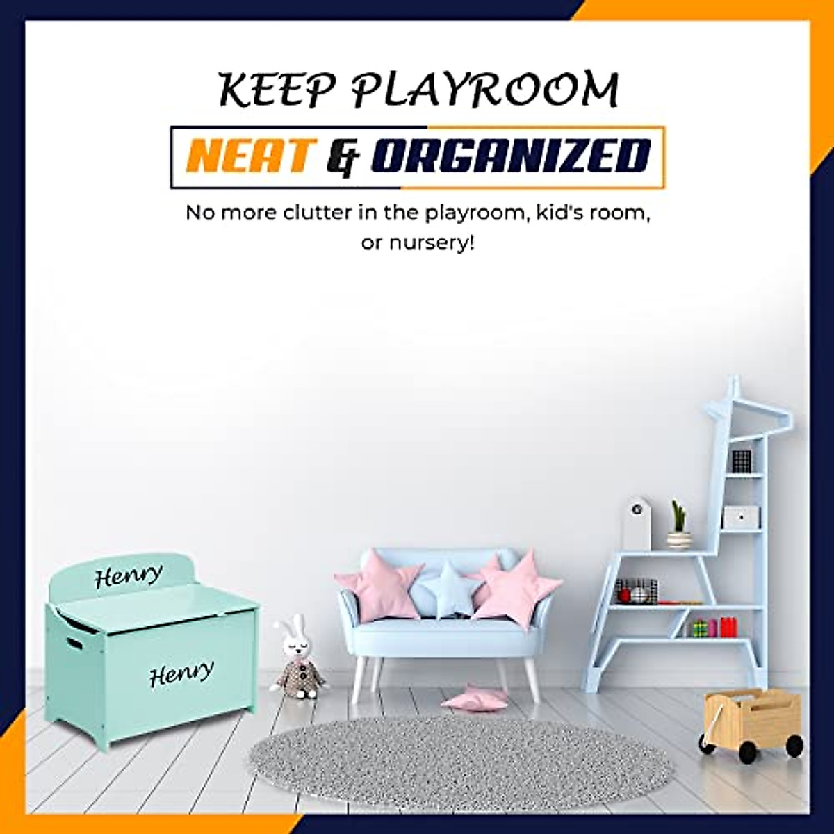 Personalized Wooden Toy Box for Boys and Girls - Sturdy Wood Toy Chest with Slow Closing Lid - Large Kids Toy Storage Box - Mint Wooden Toy Trunk for Kids Playroom and Bedroom