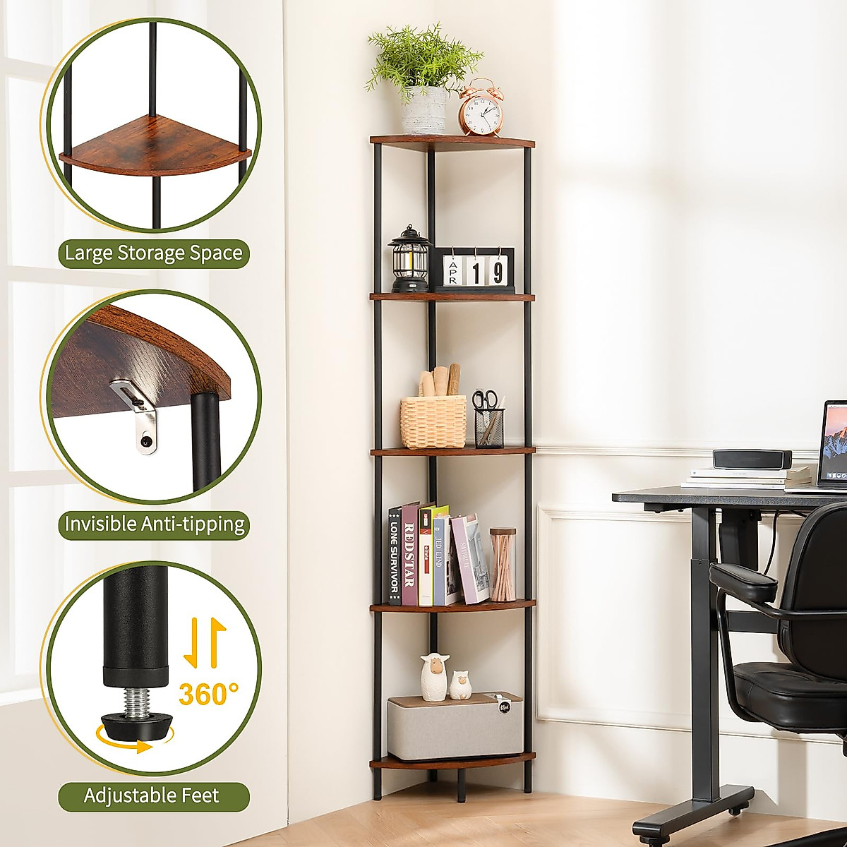 Yoobure Corner Shelf Stand, 5-Tier Corner Bookshelf, Tall Corner Shelves for Bedroom, Living Room, Narrow Display Shelf Corner Bookcase, 65" Rustic Corner Book Shelf with Display Shelves for Office