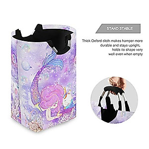 Ollabaky Large Foldable Laundry Hamper Bag with Handles, Mermaid Girl Cute Unicorn Laundry Basket Box Big Storage Organizer for Family, Dormitory, Washhouse