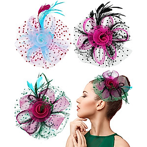 3 Pack Fascinators Hats for Women, Tea Party Hats for Girls Flower Cocktail Mesh Feathers Hair Clip for Party (Cute Color)