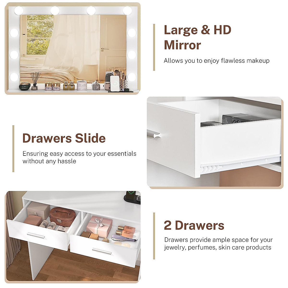 FIONESO Vanity Desk with Large Mirror, Makeup Vanity Table with Power Strip, 10 Lights & 2 Drawers, Dressing Table Set with 3 Lighting Color Adjustable for Women and Girls, Bedroom, White
