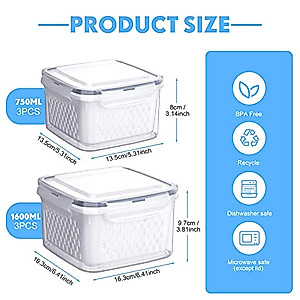 Potchen 6 Pcs Fruit Vegetable Storage Containers Plastic Produce Saver Food Refrigerator Organizer Bins Fresh for Fridge with Lids and Colander (Medium, Small), Clear