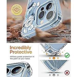 GVIEWIN for iPhone 13 Pro Case with Screen Protector & Camera Lens Protector, [10FT Military Grade Drop Protection] Clear Shockproof Slim Fit Floral Phone Case for Women Girls (Rosa Chinensis/Blue)