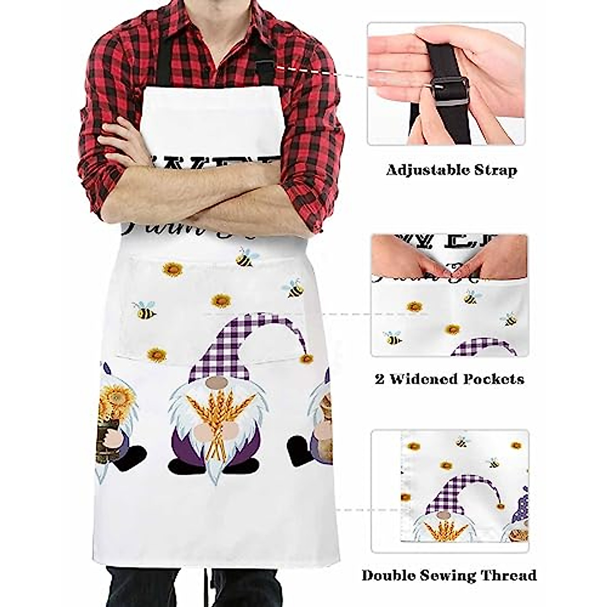 LAMANDA Kitchen Aprons for Women,Gnome Sunflower Bumblebee Buffalo Check Cooking Apron with Pockets Server Aprons Chef Apron for Men