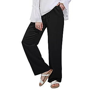 utcoco Women's Cotton Linen Drawstring High Waisted Pants Casual Loose Fit Wide Leg Trousers (L, Black)