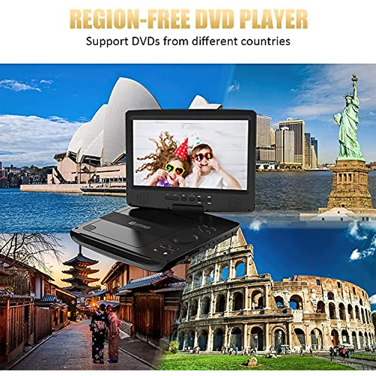 12" Portable DVD Player with 5-Hour Rechargeable Battery, 10.1" HD Swivel Display Screen, Support CD/DVD/SD Card/USB, Car Headrest Case, Car Charger, Last Memory Valentines