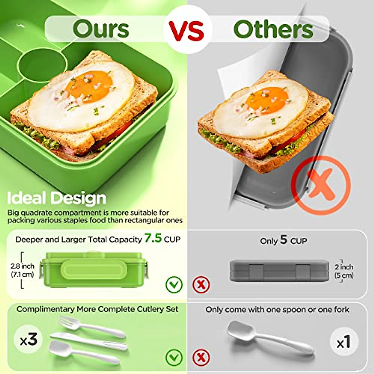 DaCool Kids' Bento Box Toddler Lunch Box for Kids 7.5 Cup 4-Compartment Leakproof with Fork Spoon School Lunch Containers for Meal Snack, Microwave & Dishwasher Safe, BPA Free, Green