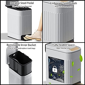 CEROELDA Small Bathroom Trash Can with Plastic Lid, 6L/1.6 Gal Stainless Steel Slim Garbage Can-Metal Wastebasket-Rectangle Pedal Step Trash Bin -for Narrow Kitchen Bedroom Office Toilet-White