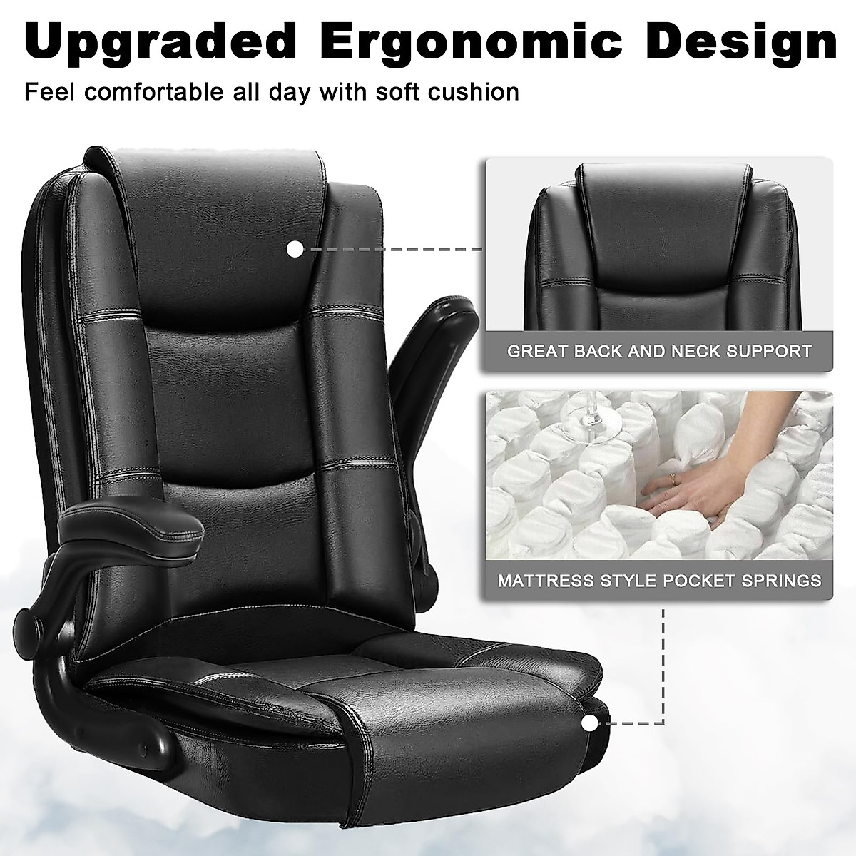 OFIKA Big and Tall Office Chair Computer Desk Chair - Ergonomic High Back Lumbar Support Home Office Chair with Padded Flip-up Arms, Adjustable Height Swivel Chair Leather Executive Chair (Black)