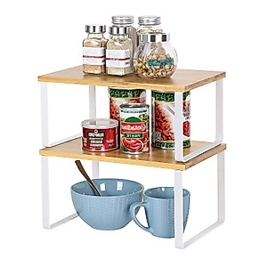 NEX Bamboo Kitchen Cabinet and Counter Shelf Organizer, Stackable & Expandable, White and Natural