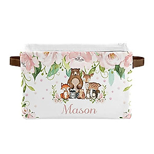 Deven Chic Woodland Animals Pink Floral Personalized Large Storage Baskets for Organizing Shelves with Handle,Closet Decorative Storage Bins for Toy, Bathroom,Nursery,Home 1 Pack