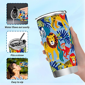 sanluoli Lion Tigers Monkey Stainless Steel car cup with Lid and Straw Camping Mug for camping simply insulated tumbler 20 OZ