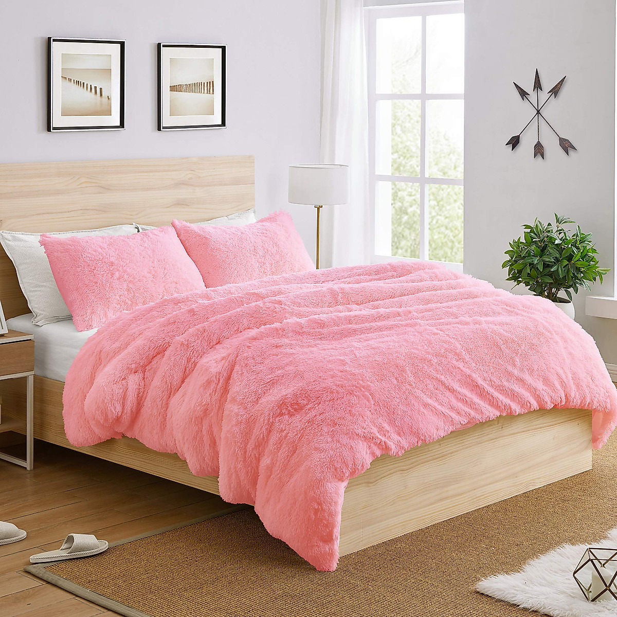 Sweet Jojo Designs Boho Chic Bohemian Pink Fuzzy Faux Fur Plush Duvet Comforter Cover and Sham 3 pc. Soft Shaggy Fluffy Full/Queen Size Bedding Set Luxury College Dorm Teen