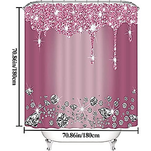 Glitter Diamond Shower Curtain for Bathroom Set Decor with Non-Slip Rugs Bath U-Shaped Mat Toilet Lid Cover Pink Bathroom Curtains Shower Set with 12 Hooks, Glitter Siamond Bathroom Set