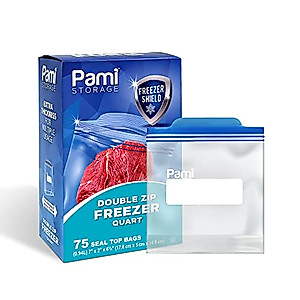 PAMI Double Zip Freezer Quart Bags [75 Pieces] - Leakproof Food Storage Ziplock Bags With Expandable Bottom- Food-Safe Zipper Bags With Freezer Shield Technology- Thick & Reusable Sandwich Bags