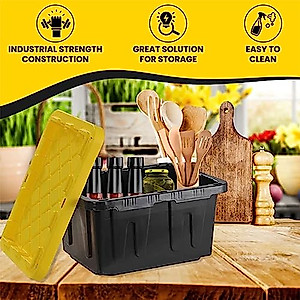 Juggernaut Storage Multipurpose 5 Gallon Lockable Plastic Storage Tote with Secure Snap Fitting Lid for Home Organization, Black/Yellow (Set of 2)
