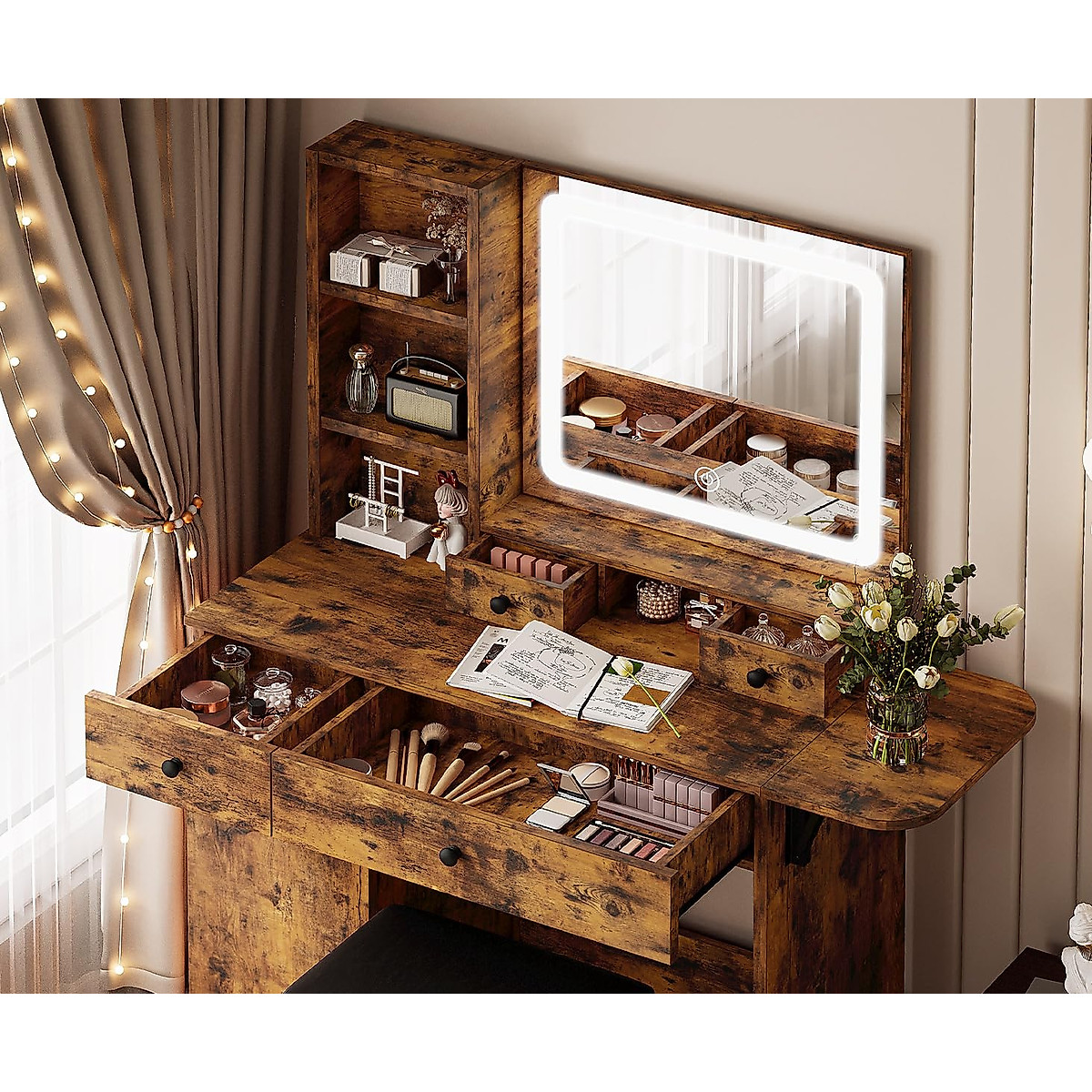LIKIMIO Vanity Desk with Drawers & LED Lighted Mirror & Power Outlet & Cabinet, Storage Stool, Stylish Bedroom Makeup Table Set, Vintage Brown