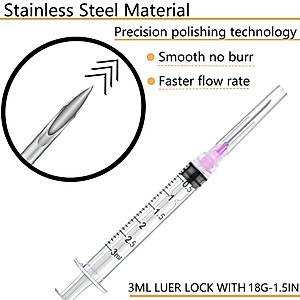 50 Pack 3ml Luer Lock with 18 Gauge 1.5 Inch for Scientific Labs Measuring and Dispensing, Individually Sealed Wrapped