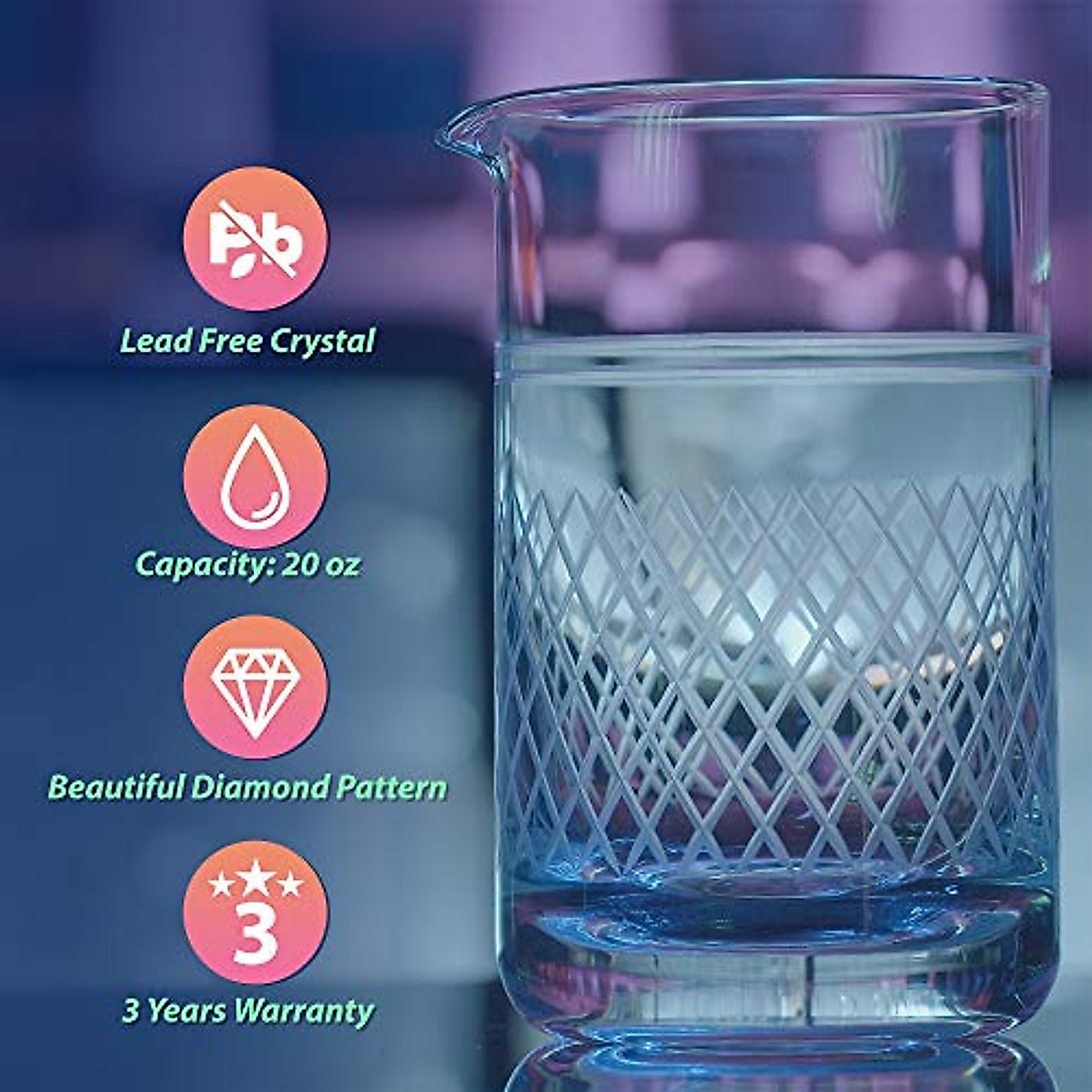 Barillio 20 Oz Crystal Cocktail Mixing Glass Set | Seamless Mixing Pitcher for Stirred Cocktail with Weighted Bottom | Old Fashioned Kit for Bartenders