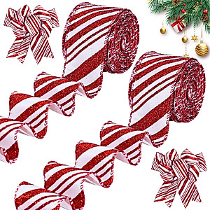 Whaline 2 Rolls 20 Yards Christmas Wired Edge Ribbons Glitter Red White Stripes Ribbon Christmas Candy Cane Gift Wrapping Ribbons for DIY Wreath Floral Arrangement Bow Decoration Supplies, 1.5 Inch