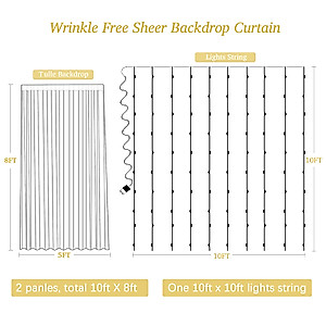 White Sheer Tulle Backdrop Curtains with Lights String for Party Wedding Wrinkle Free Curtain Backdrops Drapes for Baby Shower Birthday Party Photo Back Drop Background Home Decorations 10ft x 8ft