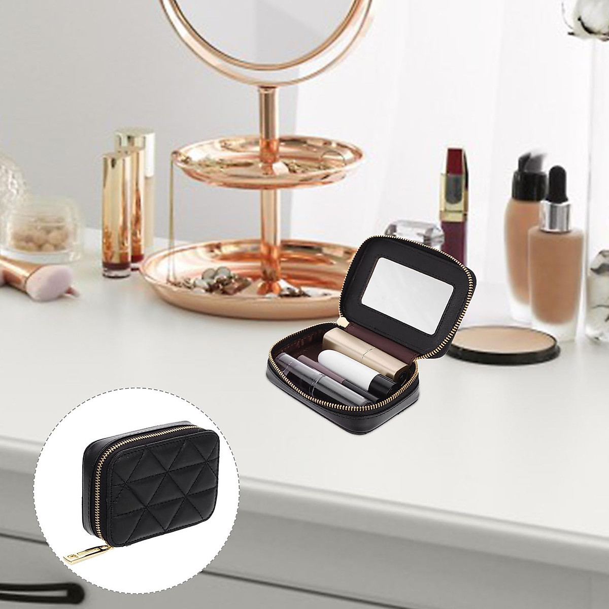 SOIMISS Small Makeup Bag Outdoor Makeup Pouch Lipstick Lip Case Cosmetic Organizer Purse with Mirror for Women