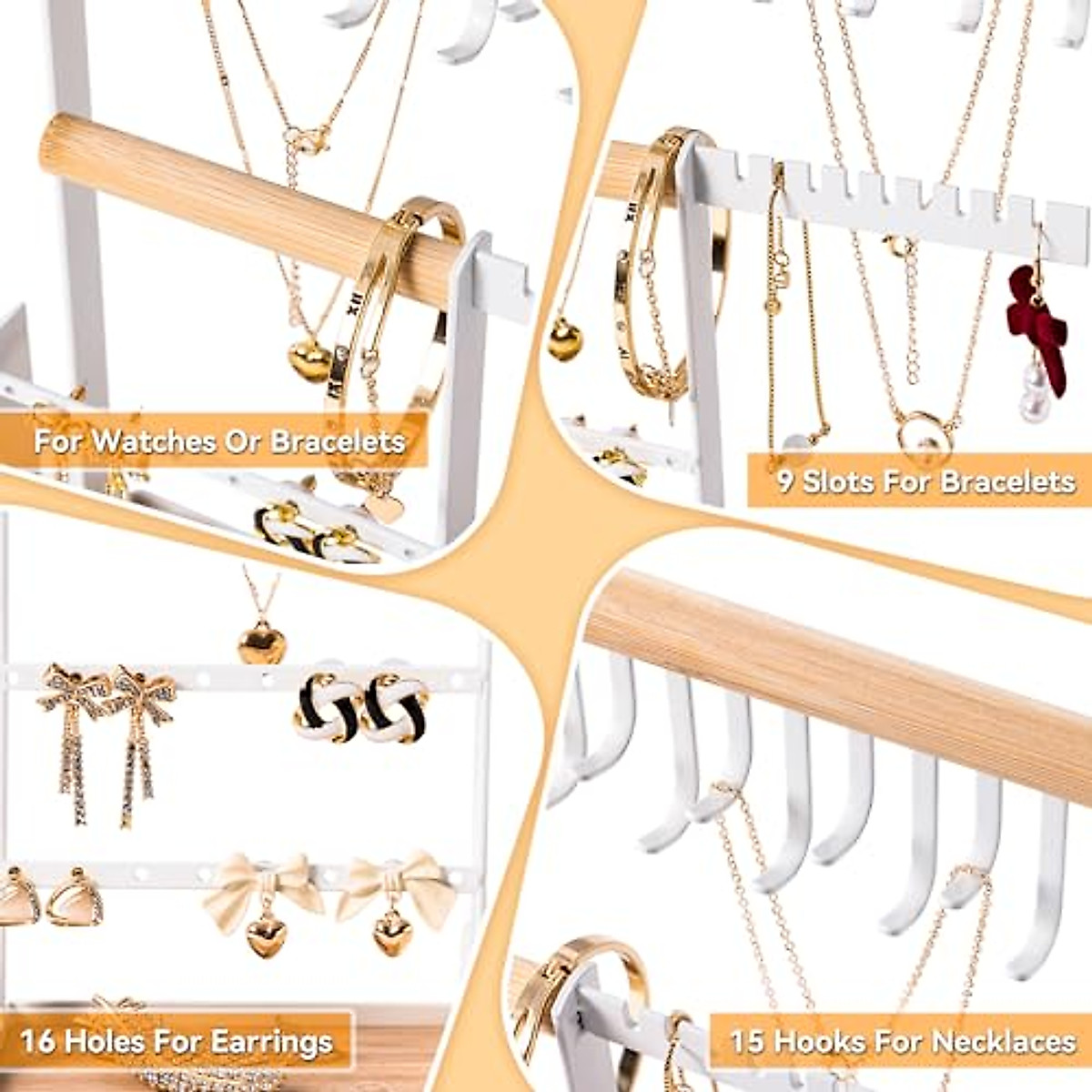 Jewelry Organizer Stand with Velvet Ring Holder, 4 Tier Jewelry Holder Organizer with 15 Hooks Necklace Organizer and Watch Bracket Holder, Jewelry Stand with 16 Holes for Earring Holder, White