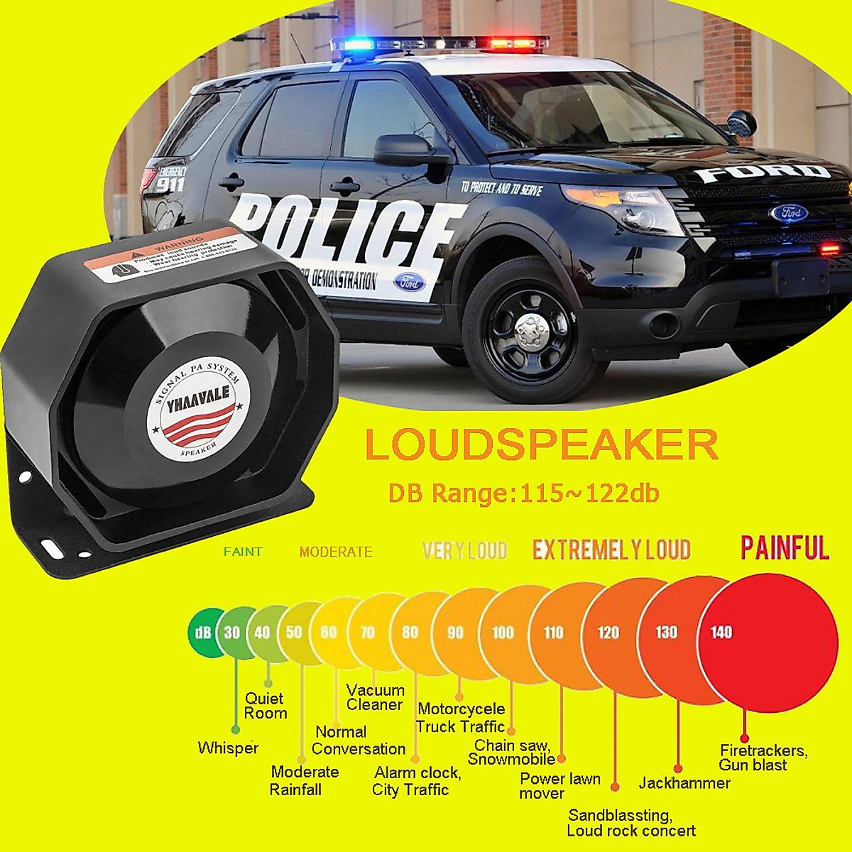 YHAAVALE CJB200E Amplifier Police Siren & Metal Ultra Slime Octagon Flat Speaker,DC12V 100W 8 Tones Wired Mic Loudspeaker Emergency Electronic PA System