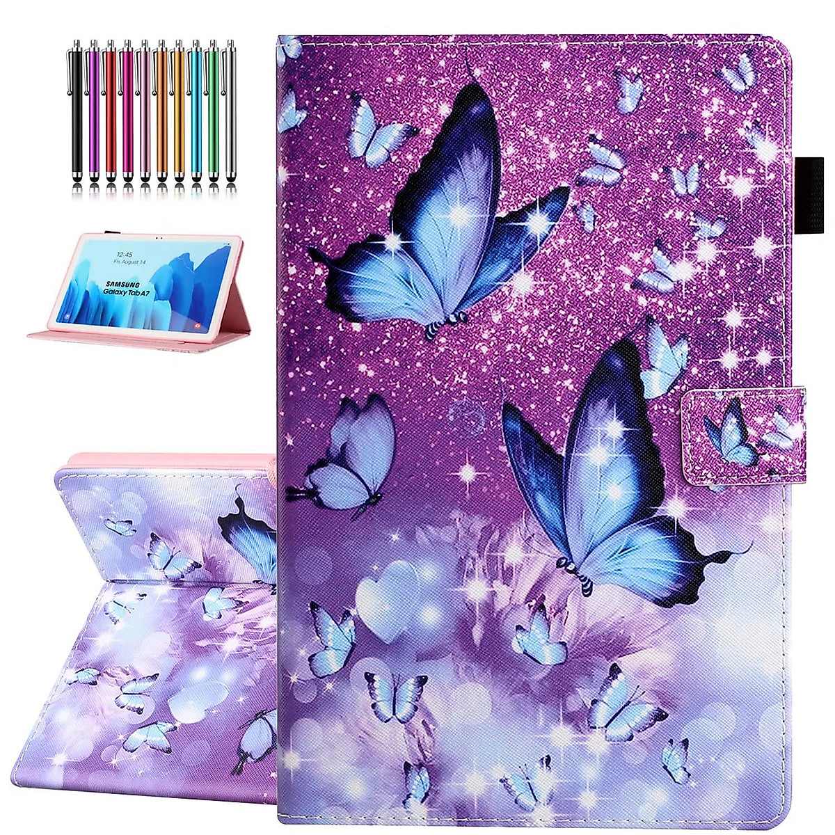 YUNHOTIC Case for Samsung Galaxy Tab A7 10.4 inch 2020 Release, (SM-T500/T505/T507) Premium PU Leather Folding Stand Cover with Pen Holder & Multiple Viewing Angles - Purple Butterfly