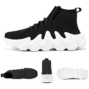 ALLY UNION MAKE FORCE Mens Sock Shoes Black Sneakers for Men Wide lace up Tennis Memory Foam Black Size 7,High/Black&White 7