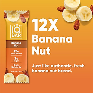 IQBAR Brain and Body Plant Protein Bars - Banana Nut - 12-Count Low Carb - Gluten Free, High Fiber, Vegan Snacks - Low Sugar Meal Replacement
