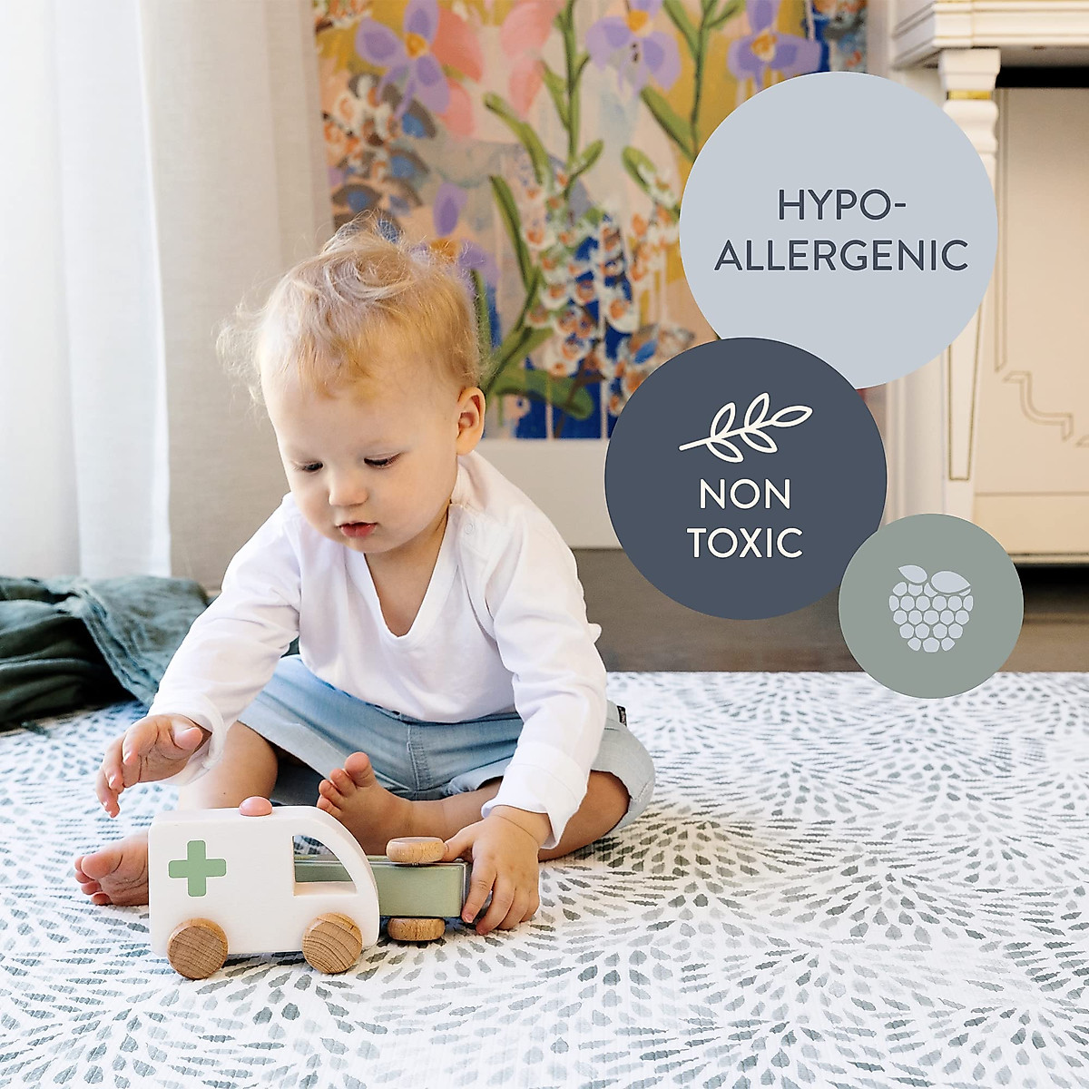 Baby Play Mat for Infants | One-Piece Reversible Foam Floor Mat | Large | Eco-Friendly | Extra Soft | Thick | Non-Toxic | Toddlers | Kids (Sage Petal/Natural Mixed Marks, Large)