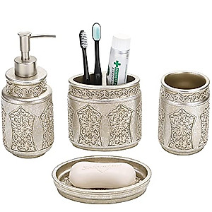 MyGift 4 Piece Vintage Silver Embossed Pattern Bathroom Accessory Set with Soap Dish, Tumbler, Toothbrush Holder, and Liquid Soap/Lotion Pump Dispenser