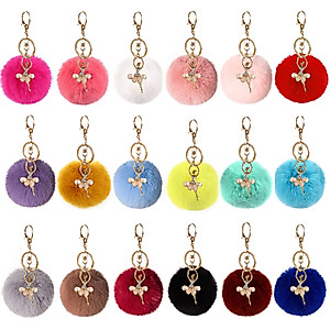 CIEOVO Cieovo18 Pieces Fluffy Pom Poms Keychains Pompoms Keyring With Dancing Girl Keychain for Girls Bag Craft Decoration