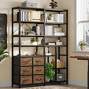 BTHFST Corner Bookshelf with 6 Fabric Drawers, Convertible Tall Bookcase 7 Tier, Industrial Book Shelf with Metal Frame, Wide Bookshelves for Living Room Home Office, Rustic Brown & Black