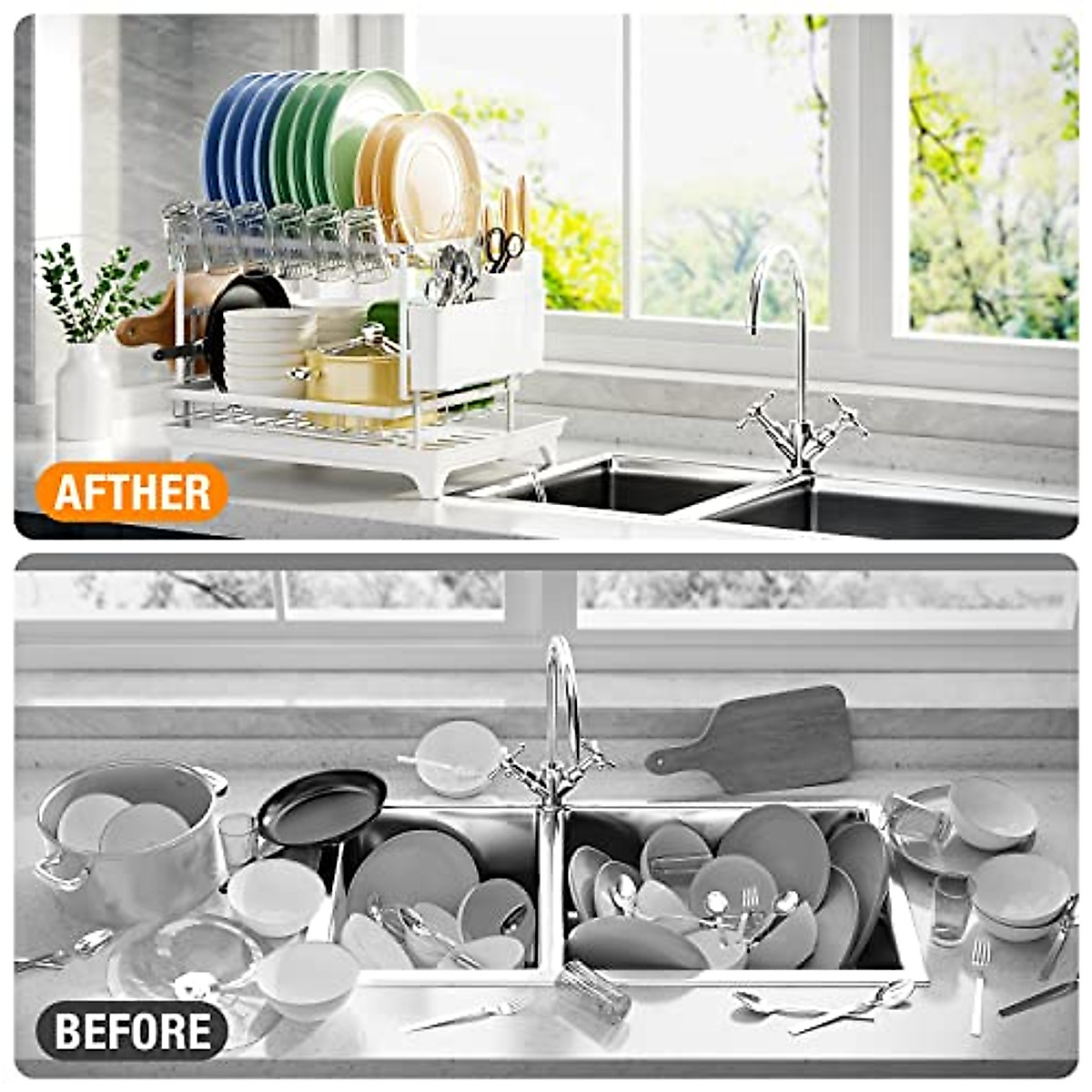 kenvc Dish Drying Rack,Large Dish Drying Rack，Dish Drainers for Kitchen Counter,Board Holder, 6 Cup Holder，Removable Large Capacity Dish Drainer, Rust-Proof Dish Drainer, White