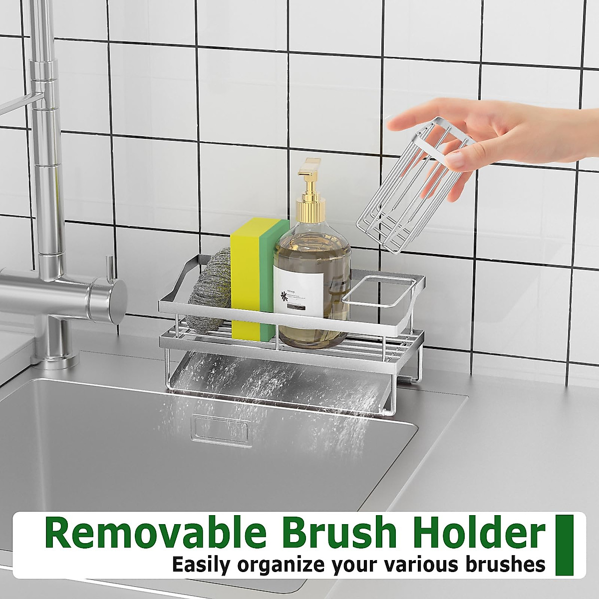 Youfala Kitchen Sink Caddy Sponge Holder for Kitchen Sink, Kitchen Sink Organzier and Storage with High Brush Holder, Rustproof 304 Stainless Kitchen Gadgets Dish Sponge Organizer (Lacquer Silver)