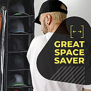 BallcapBuddy - Hanging Hat Organizer, Storage for Caps, Hats, Belts, Shoes & Accessories, Essentials Hat Organizer with Shelves, Side Pockets, and Hooks, 12 x 9 x 59 Inches, Black, Made in USA