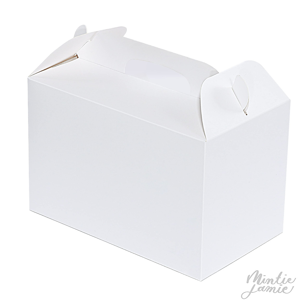 MintieJamie White Treat Boxes 1 Dozen White Boxes for Favor 8.5X5X5.5 Inches Large Handle Favor Boxes, Kids Party Favor Box, Party Box, Birthday Goodies Box, No Assembly Needed