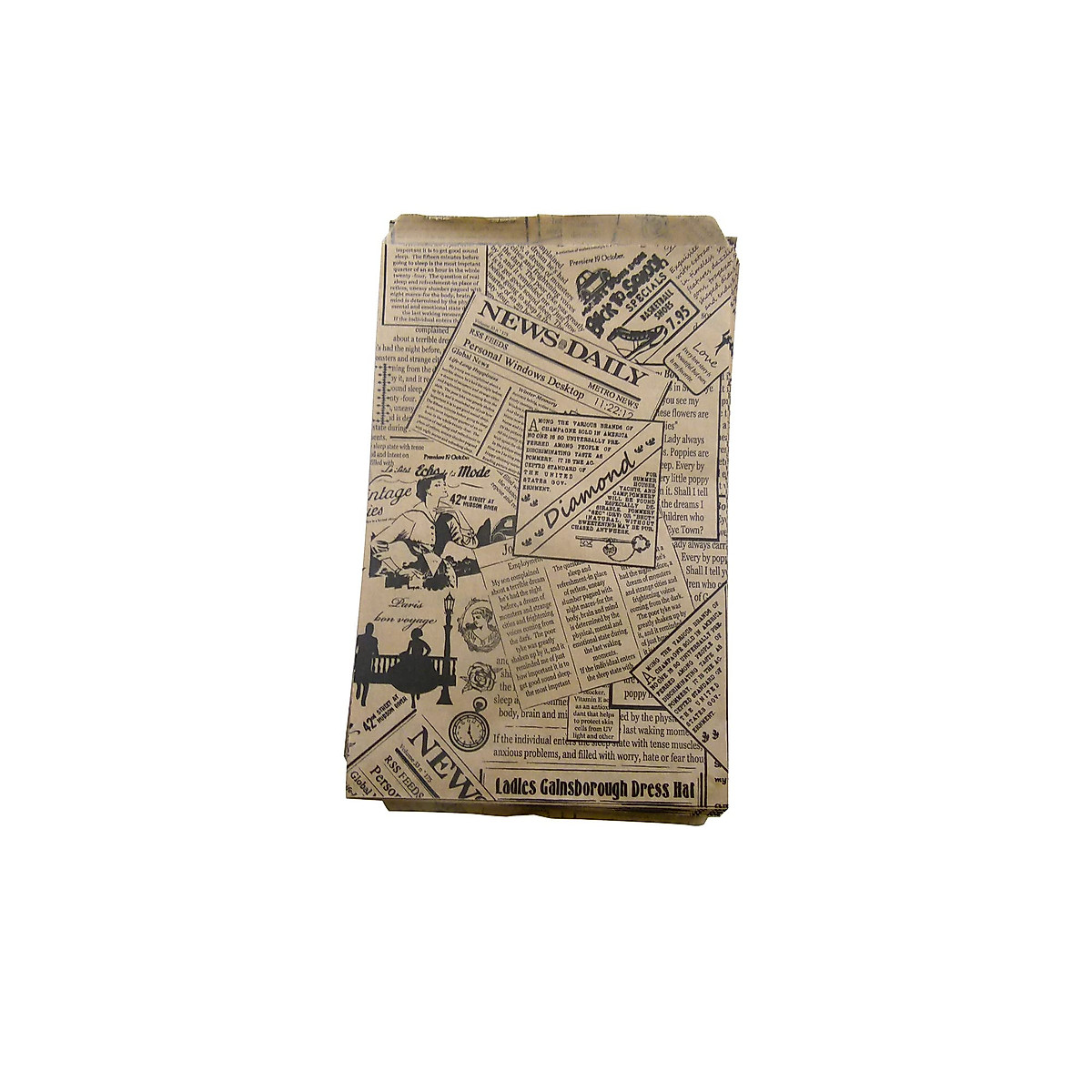 50 Qty 6" x 9" Newspaper Print Flat Plain Paper Gift Bags or Patterned Decorative Bags for candy, cookies, merchandise, pens, Party favors, showers, holidays, events and gifts
