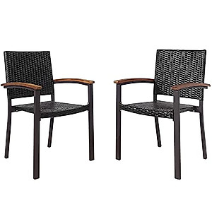 Tangkula 2 Pieces Outdoor PE Wicker Stackable Chairs, Patio Dining Chairs with Solid Acacia Wood Armrests, Indoor Outdoor Bistro Chairs for Garden, Poolside and Backyard (1, Mix Brown)