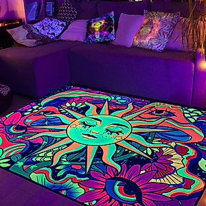 Mushroom Area Rugs - Funny Boho Sun Rug - Psychedelic Colorful Mushroom Rug Hippie Aesthetic Room Decor Carpet Glows Under Black Light Rooms Mat Rugs 60x40 Inch