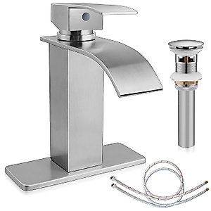 Homikit Waterfall Bathroom Sink Faucet with Pop Up Drain, Brushed Nickel Bathroom Faucets for Sink 1 or 3 Hole, 18/10 Stainless Steel Bath Vanity Faucet Single Handle, Farmhouse Faucets with Deck