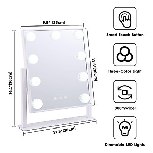 BWLLNI Lighted Makeup Mirror Hollywood Mirror Vanity Mirror with Lights, Touch Control Design 3 Colors Dimable LED Bulbs, Detachable 10X Magnification, 360°Rotation, (White) 12" L x 14" W